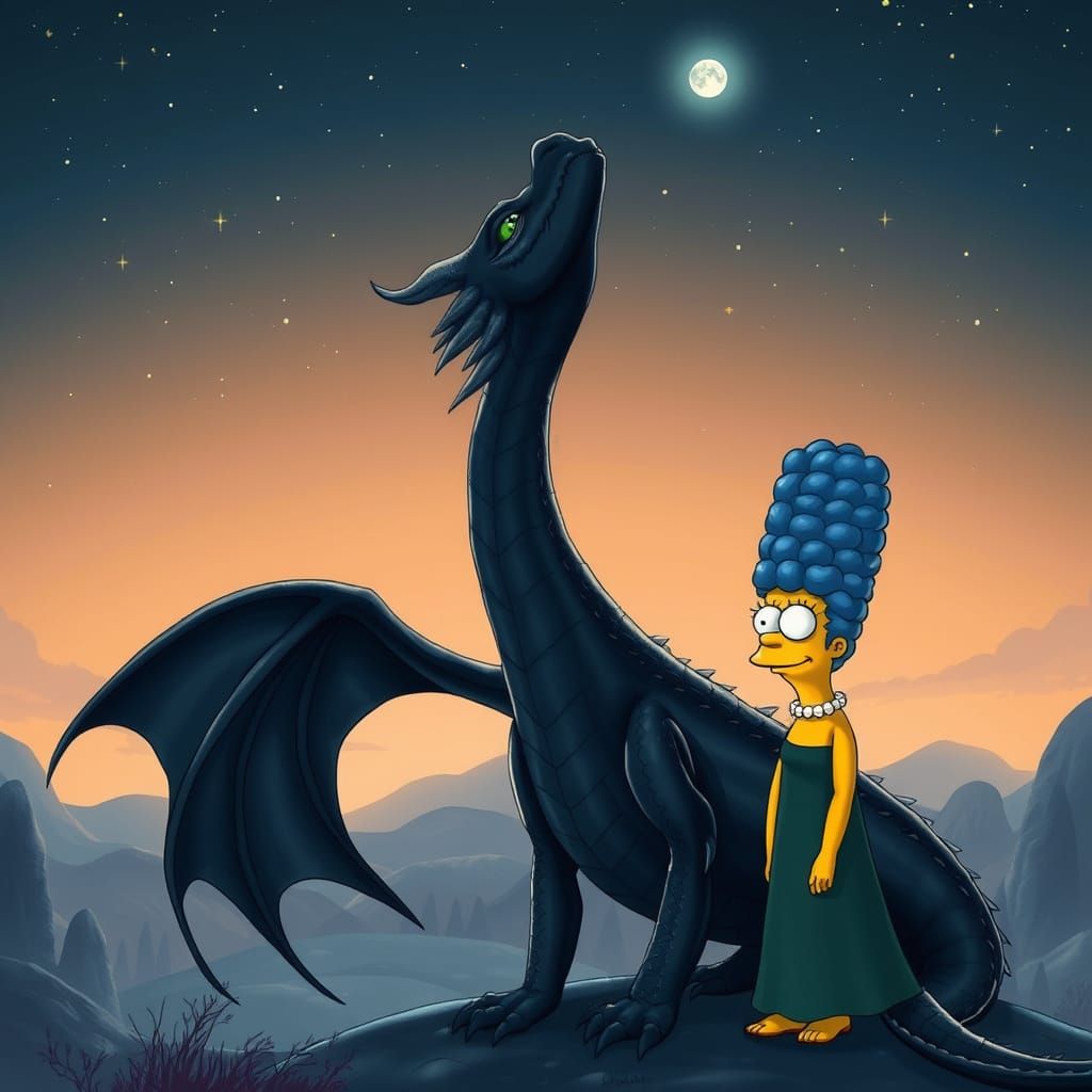 Midnight Black Dragon Gazing at Stars with Marge S... - AI Art