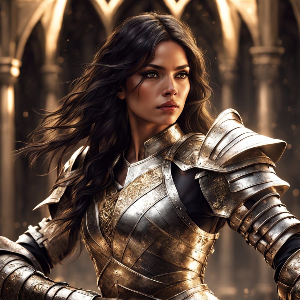 Elegant Latina Warrior in Shining Medieval Armor - AI Art