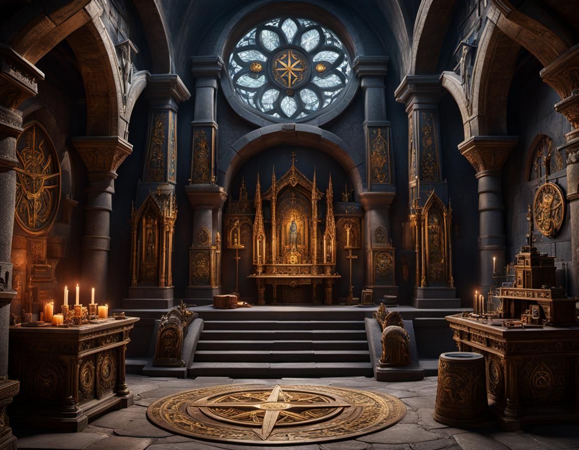 hidden templar lair with altar and stonemason symbols, intricate motifs ...