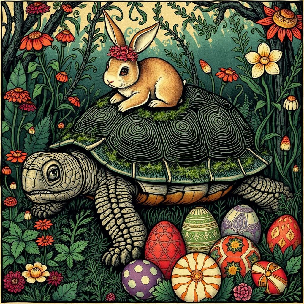 Durer-style illustration print. Giant turtle in a garden filled with ...