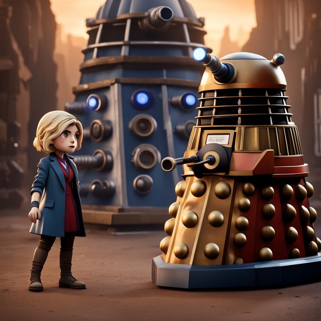 Chibi Jodie Whitaker as the Thirteenth Doctor facing a Chibi Dalek - AI ...