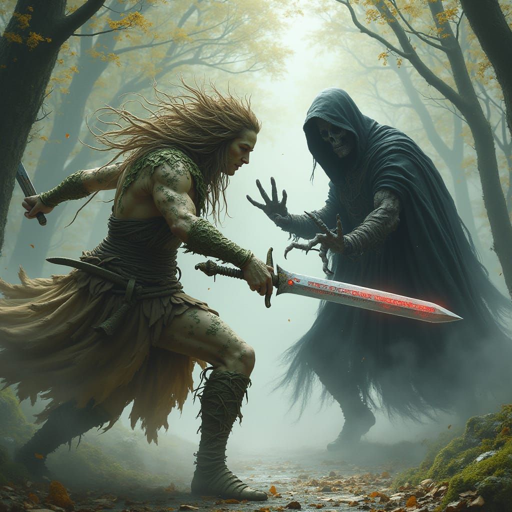 Sylvan Warrior in Oak Bark Armor Battles Lich in M... - AI Art