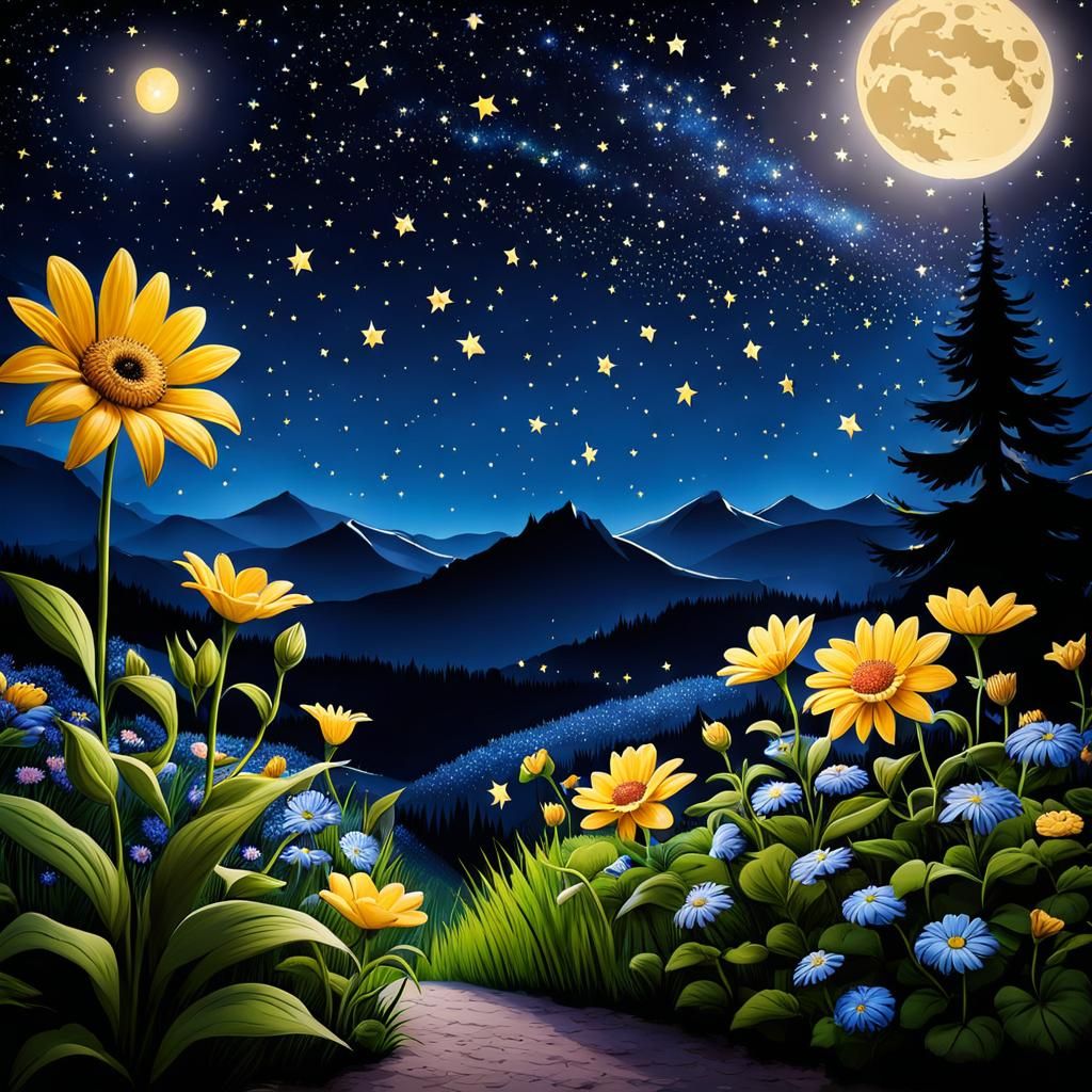Starry night with flowers and cartoons tacking over - AI Generated ...