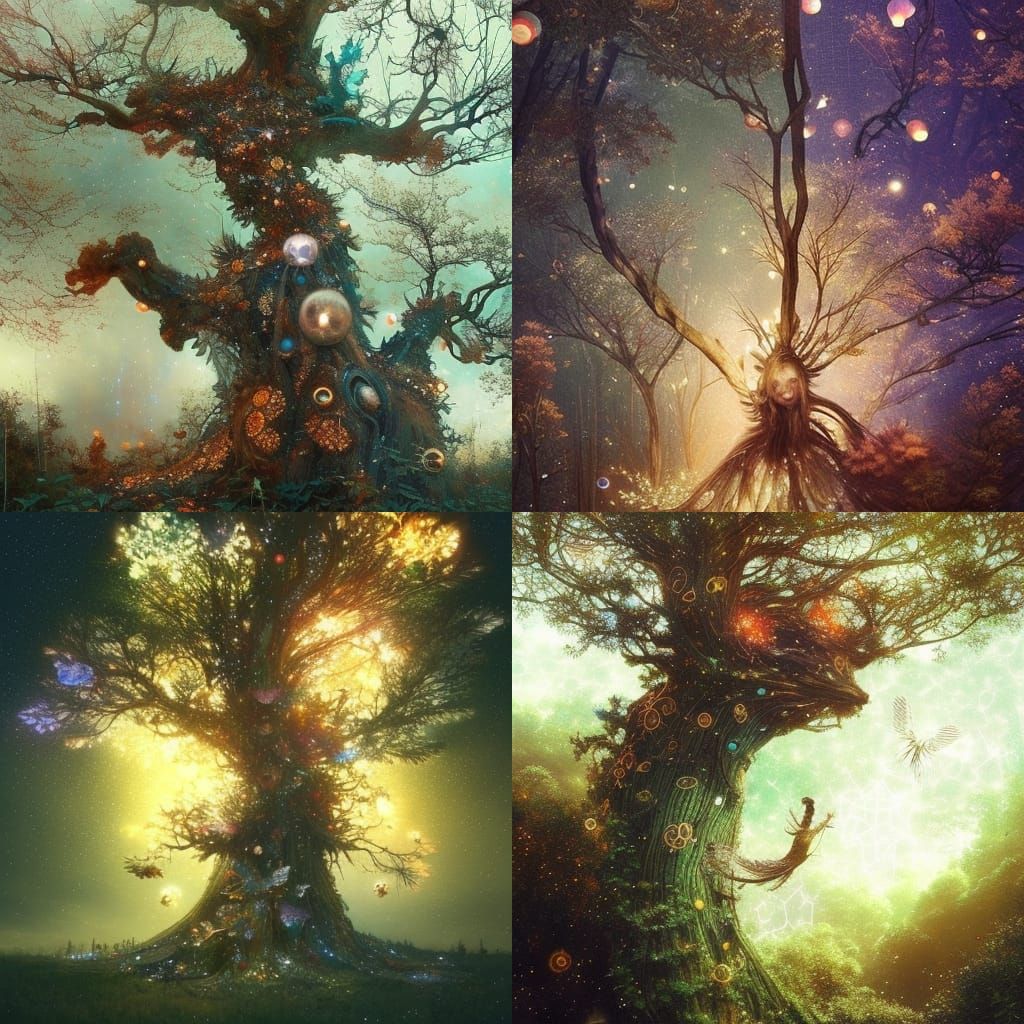 a cute hyperdetailed realistic "magic tree" made of wood and space ...