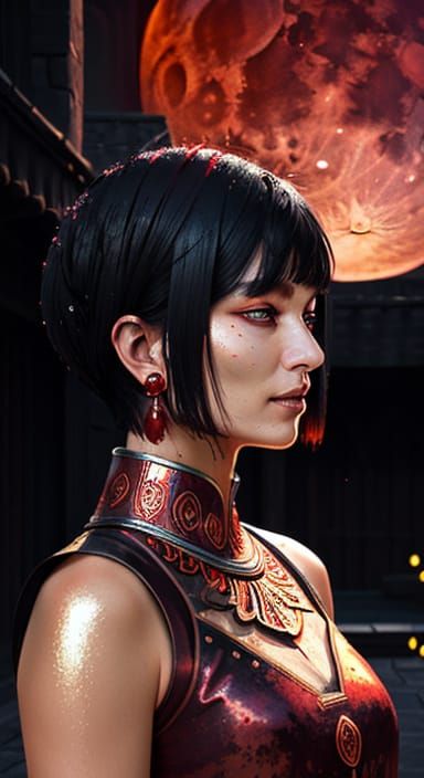 Lady with Tribal Haircut in Medieval Courtyard - AI Art