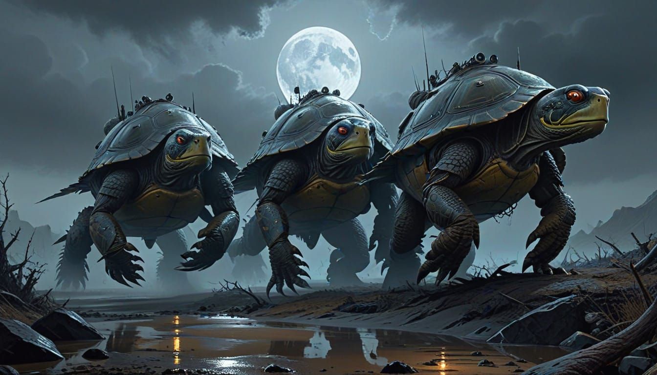 Ancient War Terrapins March Under Full Moon - AI Art