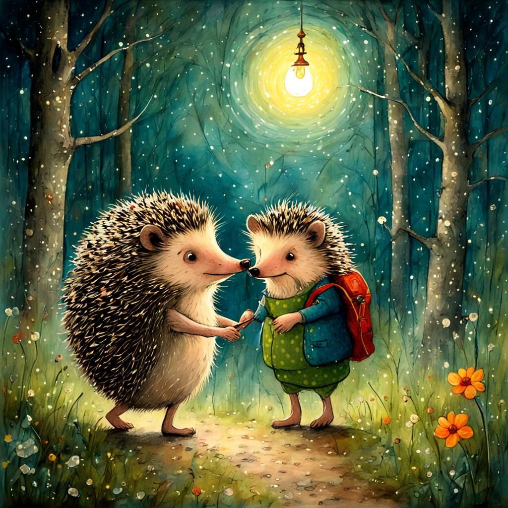 Whimsical Hedgehog and Friend chasing luminous fireflies, whimsical ...