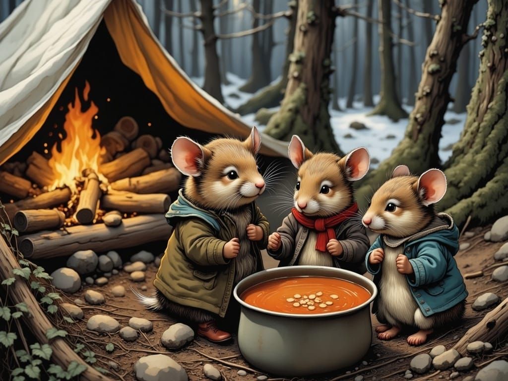 Mouse Family Warming by Winter Campfire - AI Art