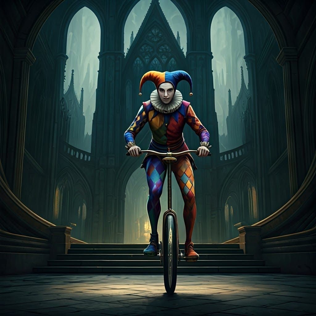 jester riding a unicycle - Vibrant Jester on Golden Unicycle...