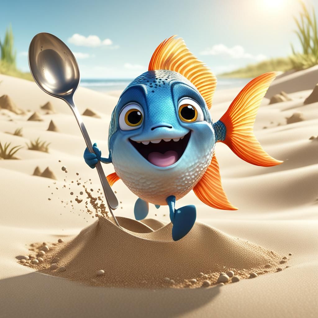 Fish running across sand carrying a giant spoon - AI Generated Artwork ...