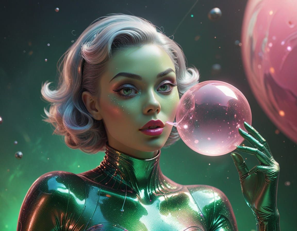 Glamorous Alien Pin-Up in Retro-Futuristic Style - AI Art