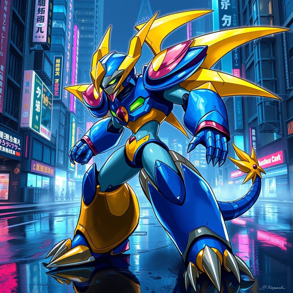 Mega Man Dragon X - Cyberpunk Mega Man X in Neon Cityscape