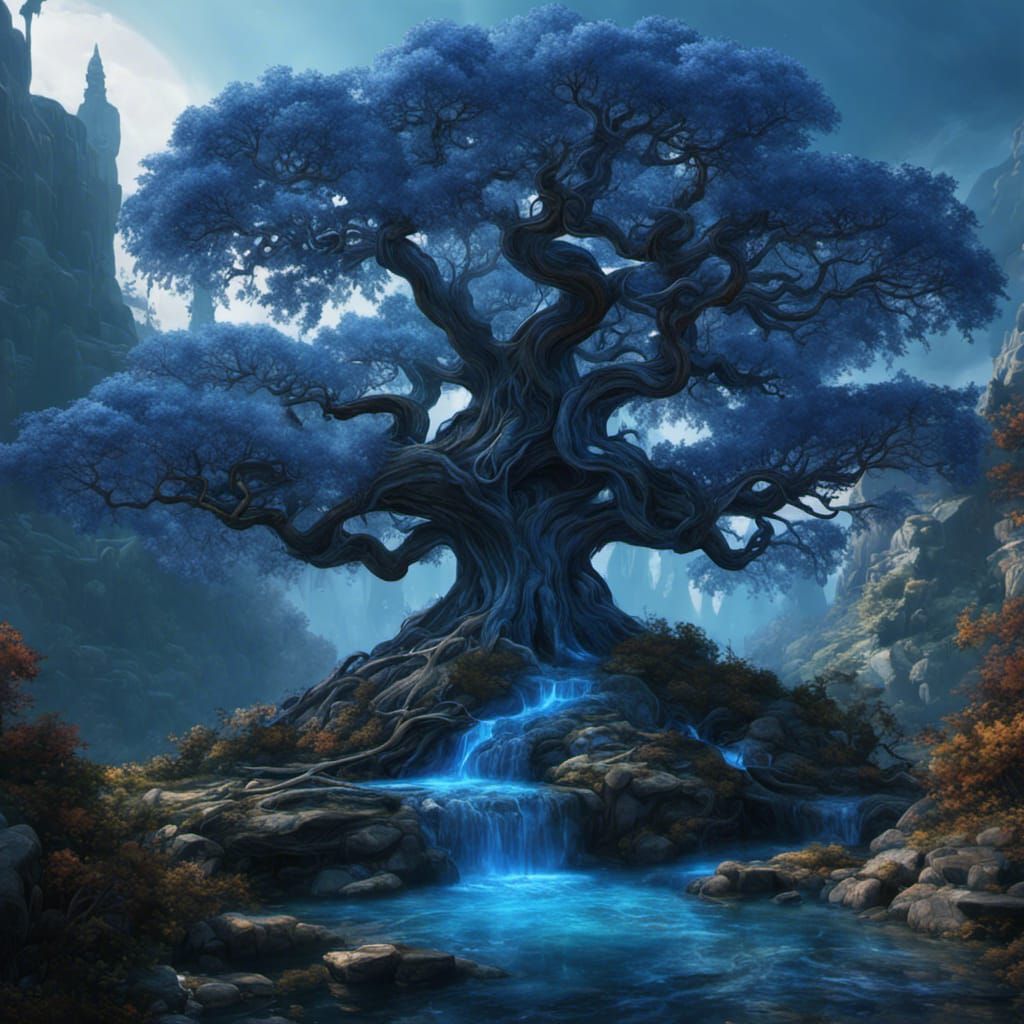An insanely detailed magnificent ancient tortuous blue tree; a ...