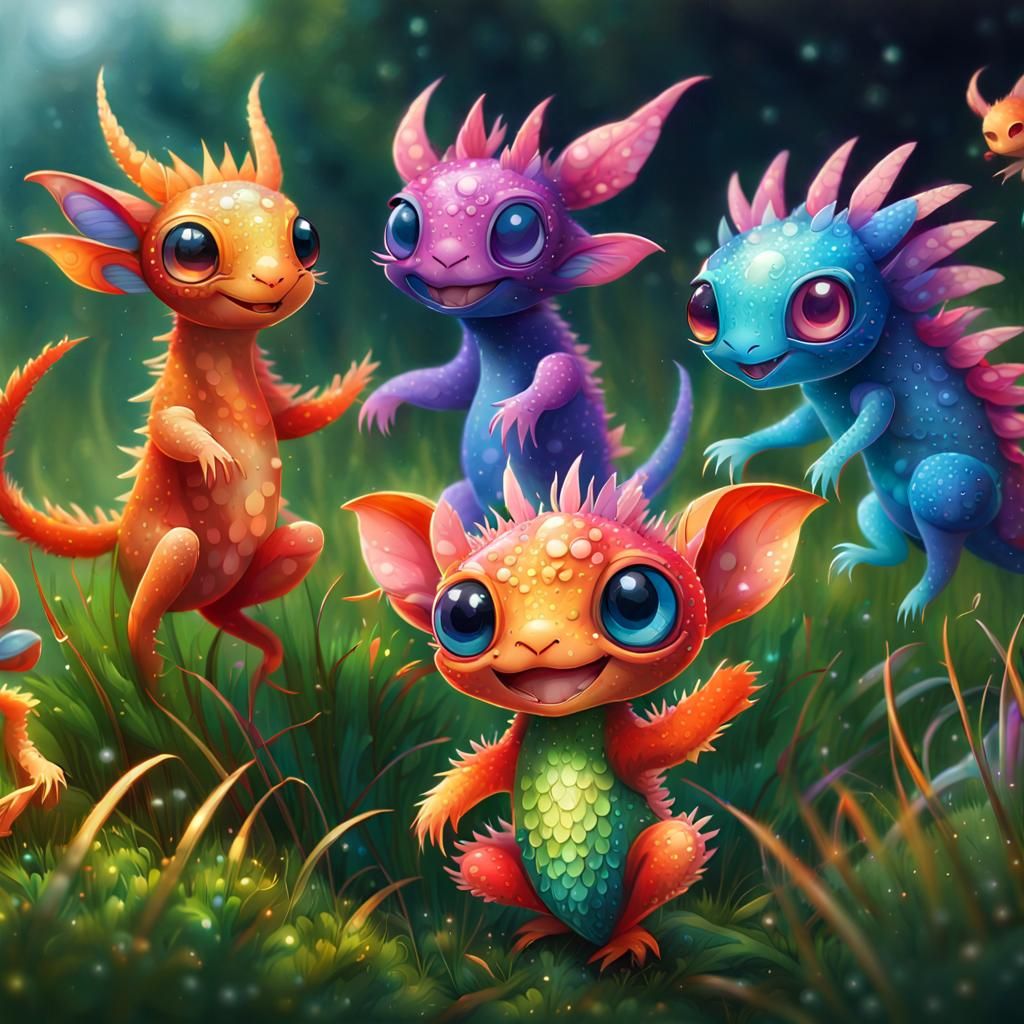 family of cute creatures dancing happily in grass. - AI Generated ...