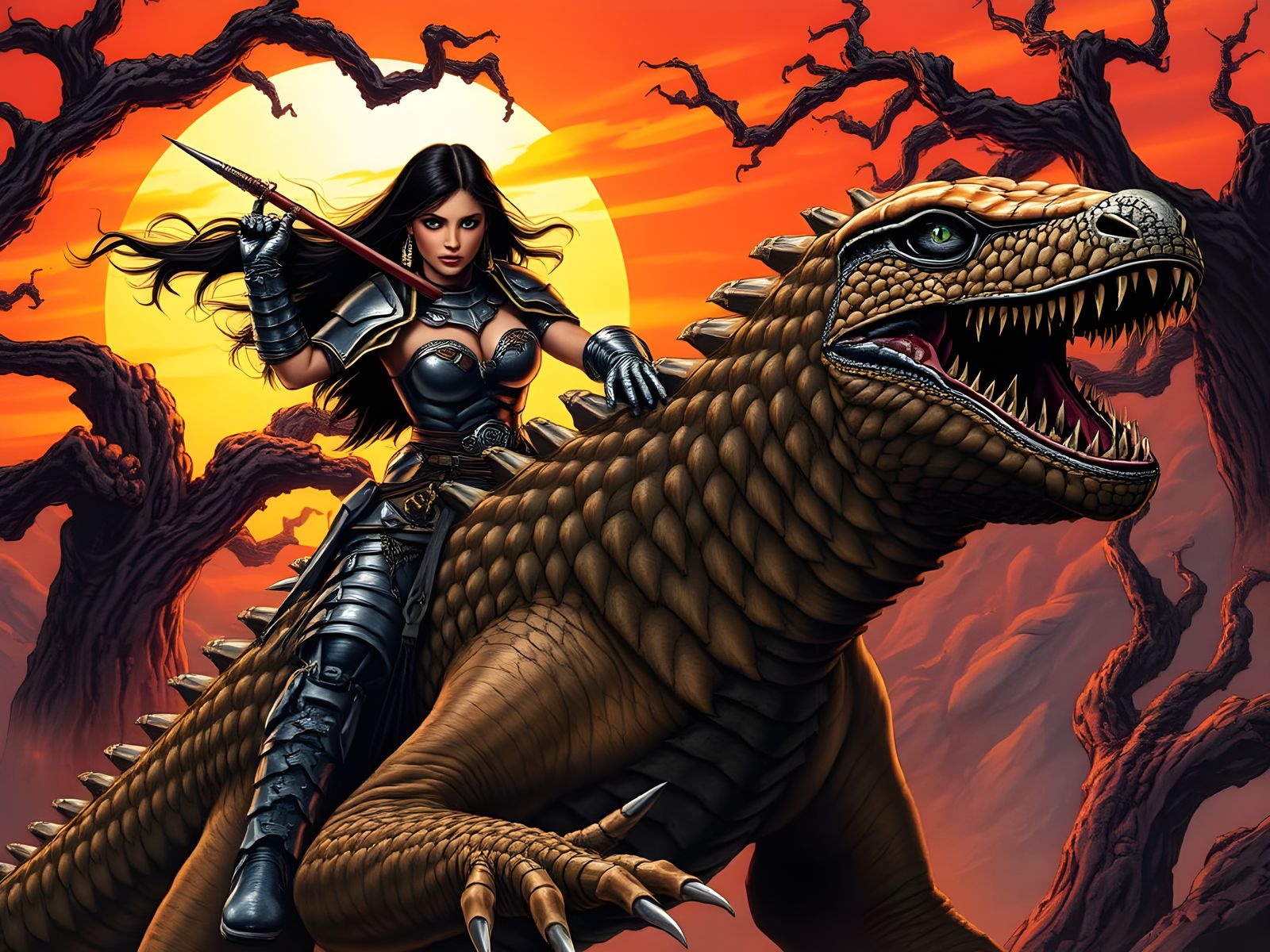 Warrior Woman Rides Giant War Lizard - AI Art