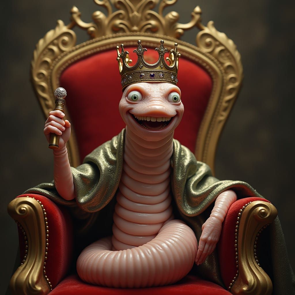 Regal Worm King in Golden Crown and Velvet Throne - AI Art