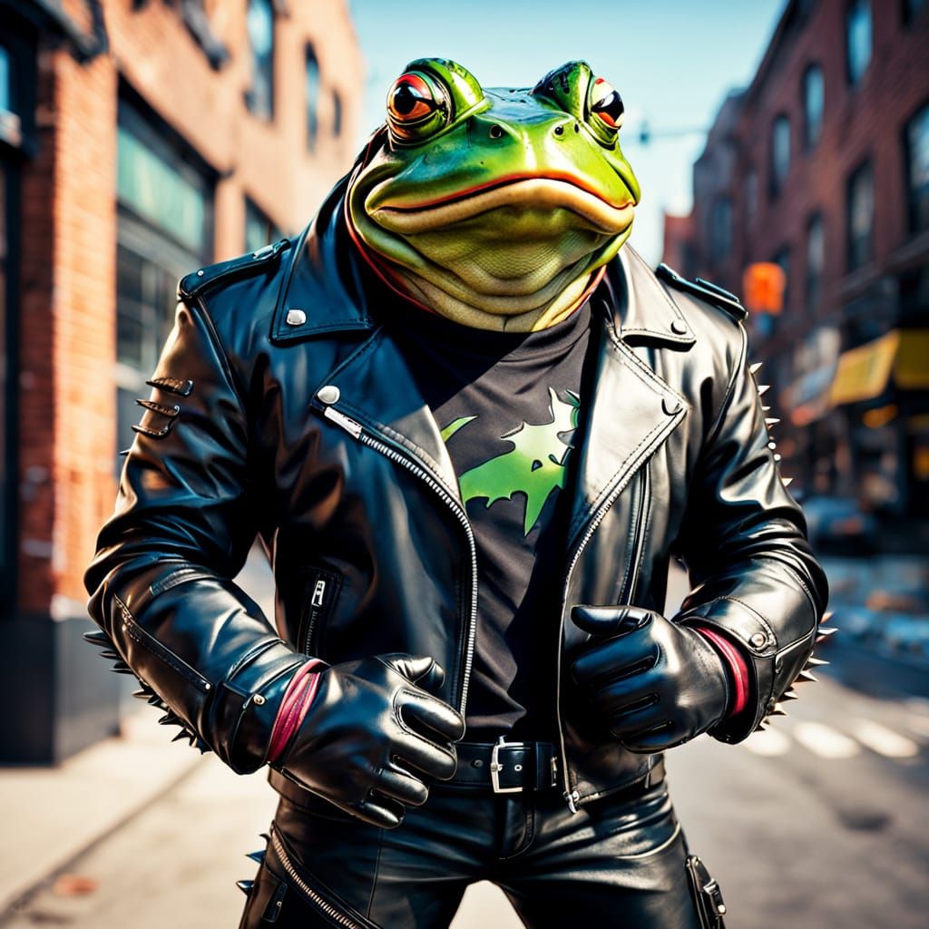 Comic Book Bullfrog Biker in Leather Jacket - AI Art