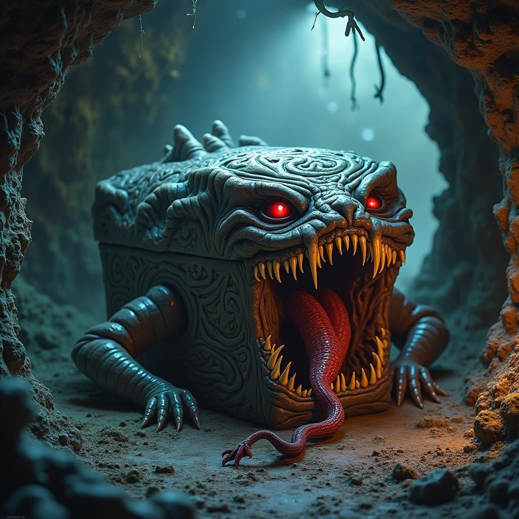 A monsturous MIMIC treasure chest with large razor sharp teeth and ...