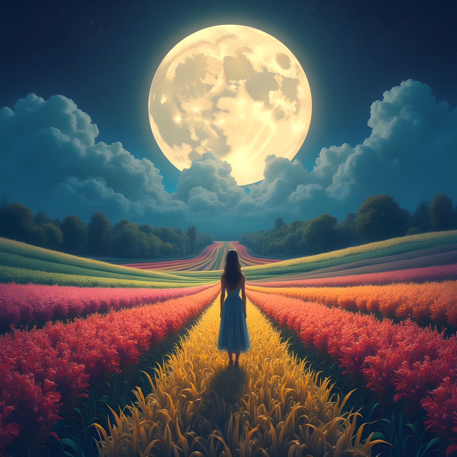 Moonlit Farm Scene in Vibrant Whimsy Style - AI Art