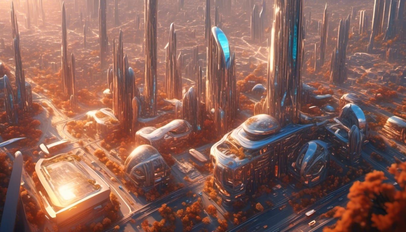 Grand city with geometric structures shining in the light of multiple suns, 4k, high definition ...