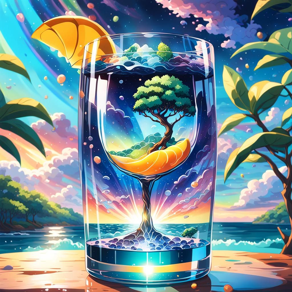Surreal Fantasy Oasis in Glass Mango on Blueberry ... - AI Art