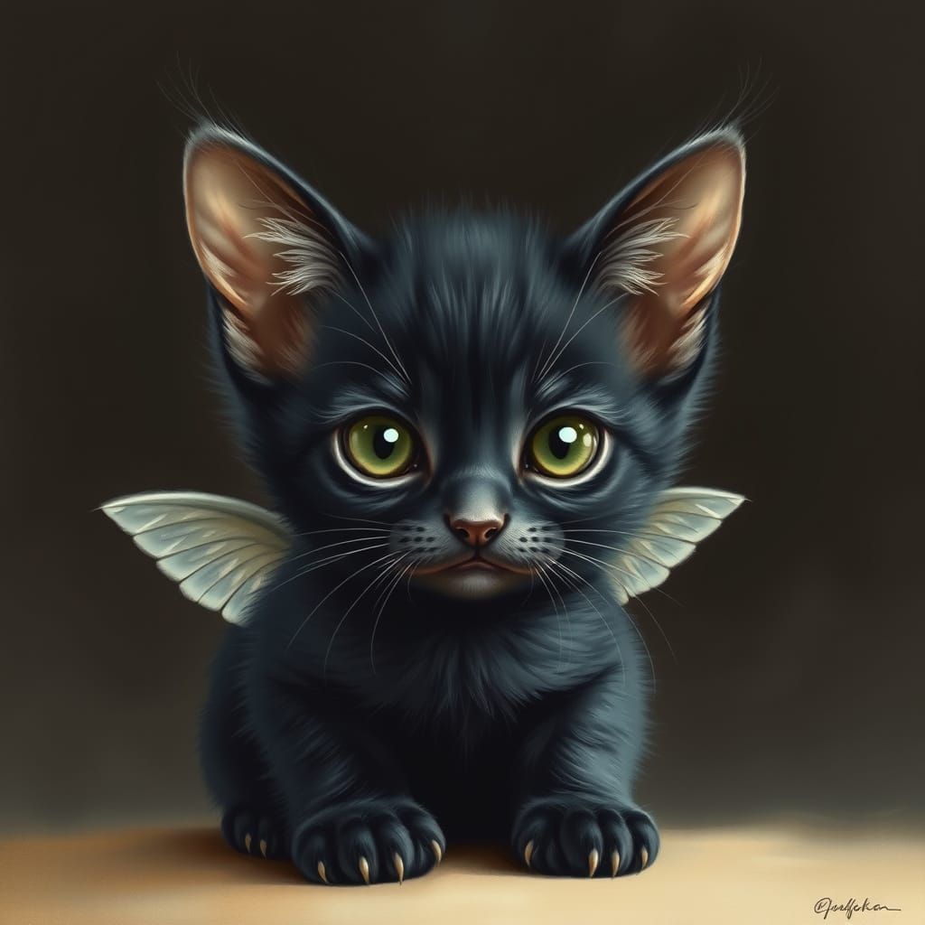 Winged Black Cat Cub: Realistic Wildlife Illustrat... - AI Art