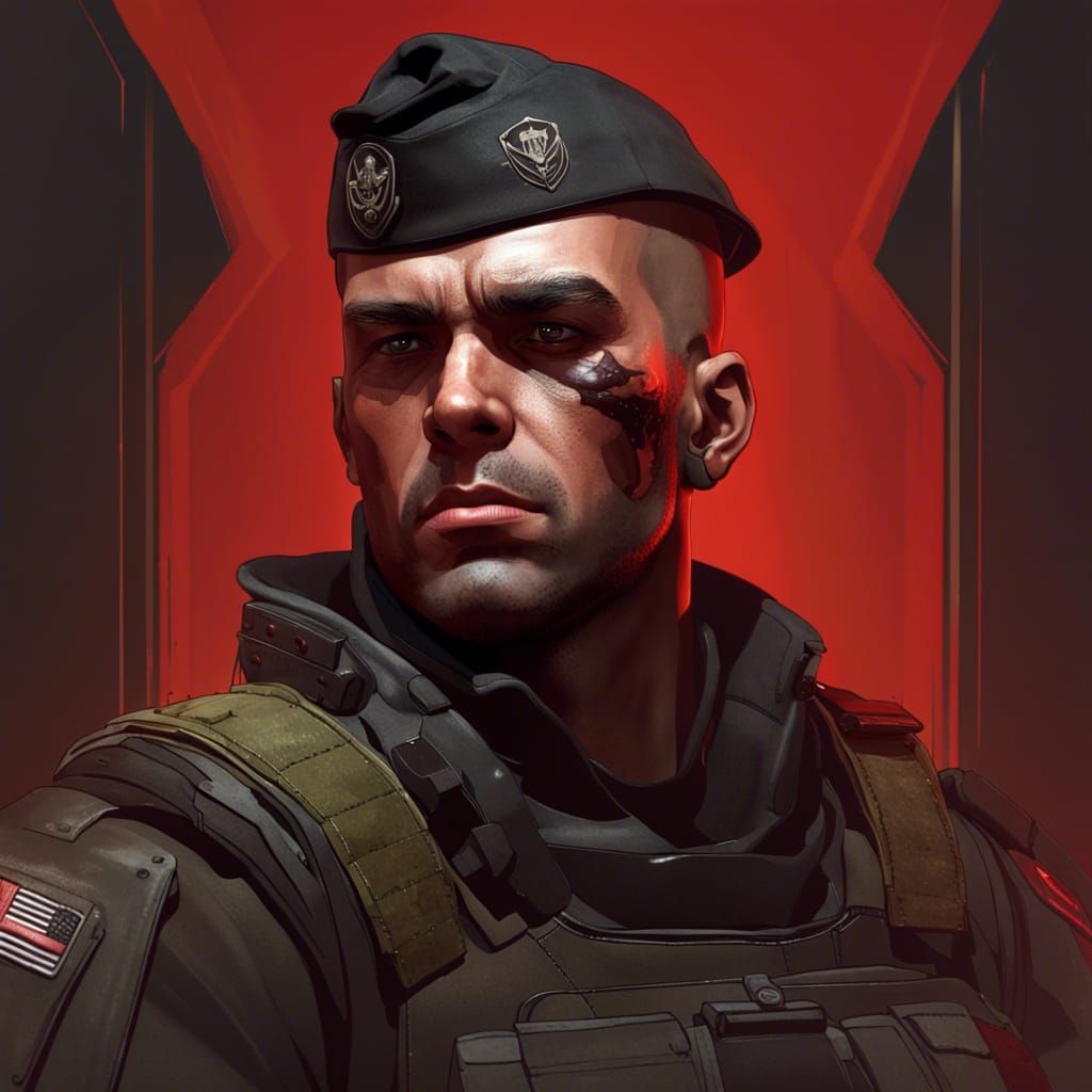 Male UNSC soldier with short black burned scarred face hair and black ...