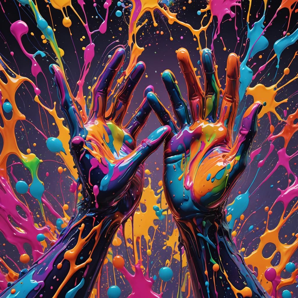 splash art, a liquid portrait of two hands high fiving, {perfect ...