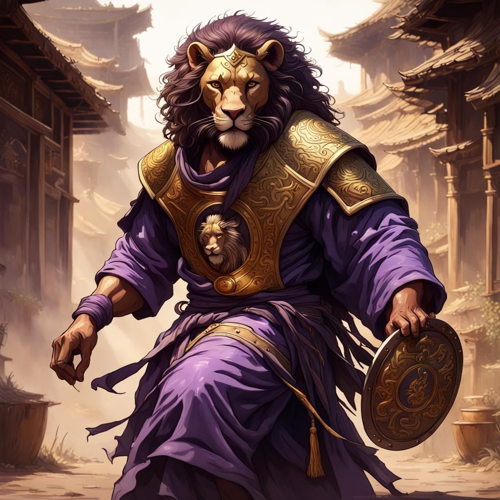 Black martial artist monk cook wearing a lion shield - AI Generated ...