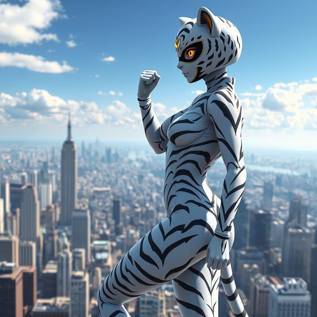 Sleek White Tiger Superhero Stands atop Metropolis... - AI Art