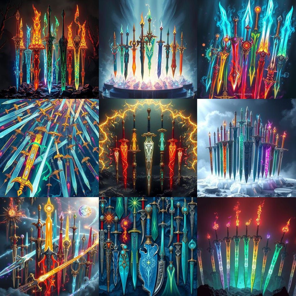 Surreal Array of Elemental Swords in Cyberpunk Sty... - AI Art