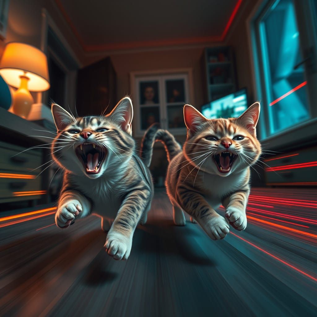Cats having a running competition at night