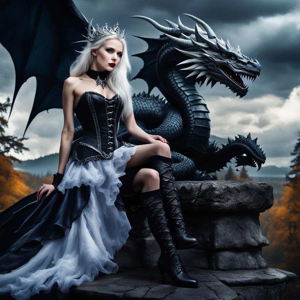Beautiful gothic princess sits astride a strong dragon, corset, blonde ...