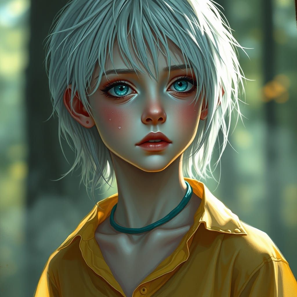 A highly detailed digital artwork of an androgynous young character ...