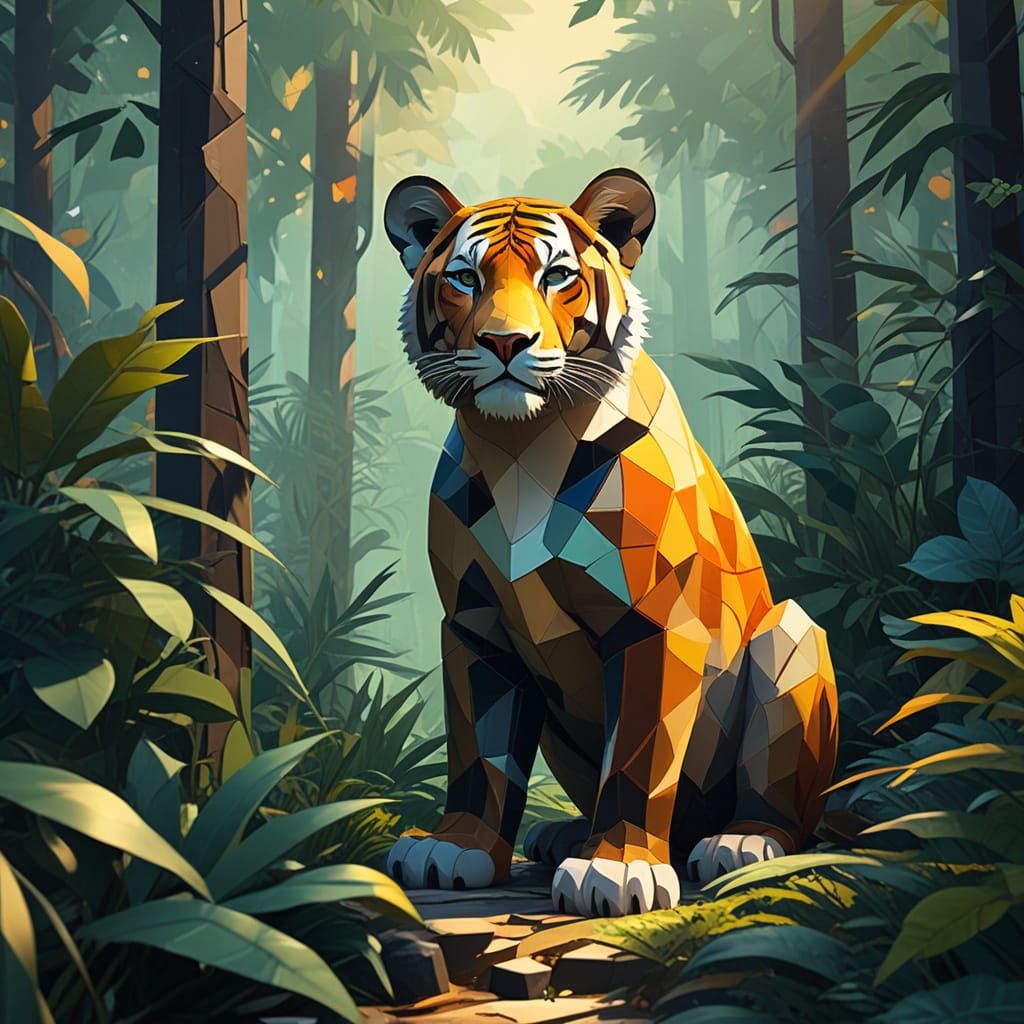 Leon cub, little jungle, dawn - Geometric Lion Cub in Cubist...