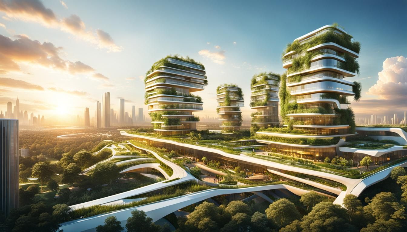 Sustainable city of the future, lush urban green space, bright clean ...