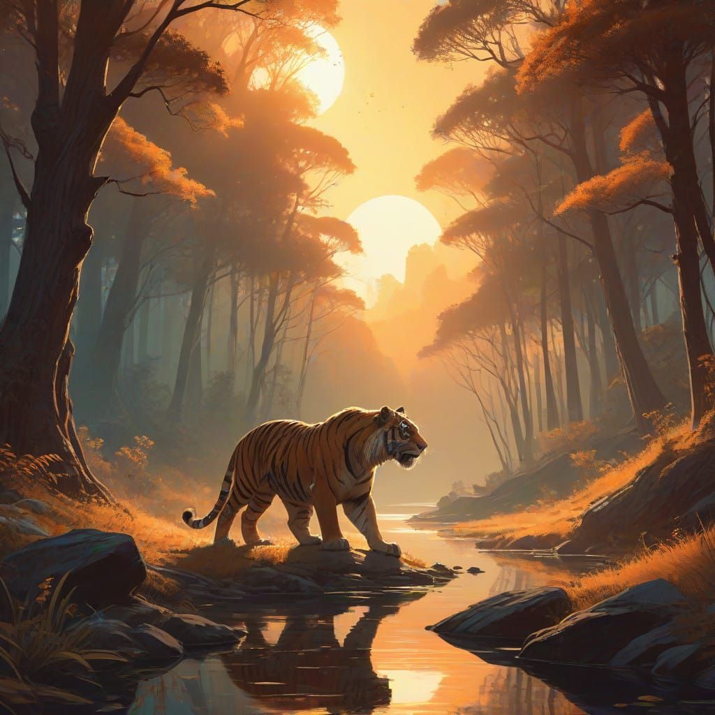 Mythical Saber-Toothed Tiger in Ancient Misty Fore... - AI Art