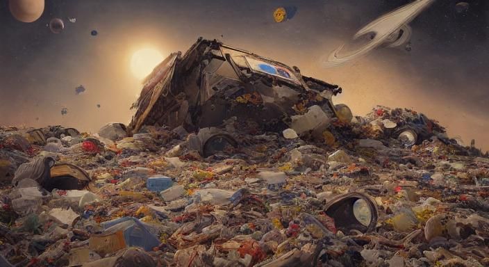 (Space is trash:1.7). Tons of waste of all kinds float in an ...