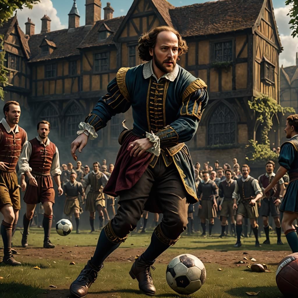 William Shakespeare playing football, detailed matte painting, deep ...