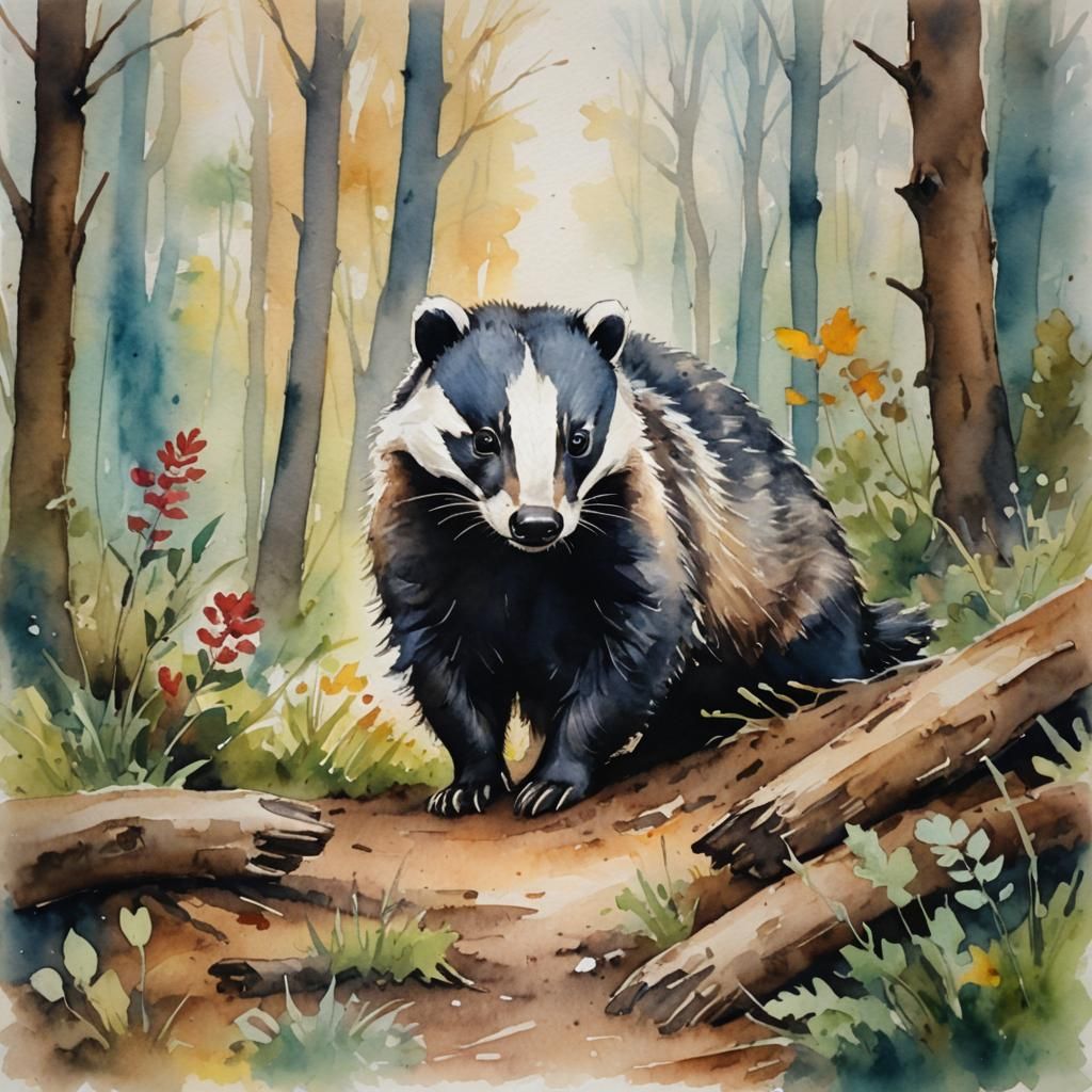 Watercolor painting of a badger in the woods, modern European ink painting, badger, blurred and ...