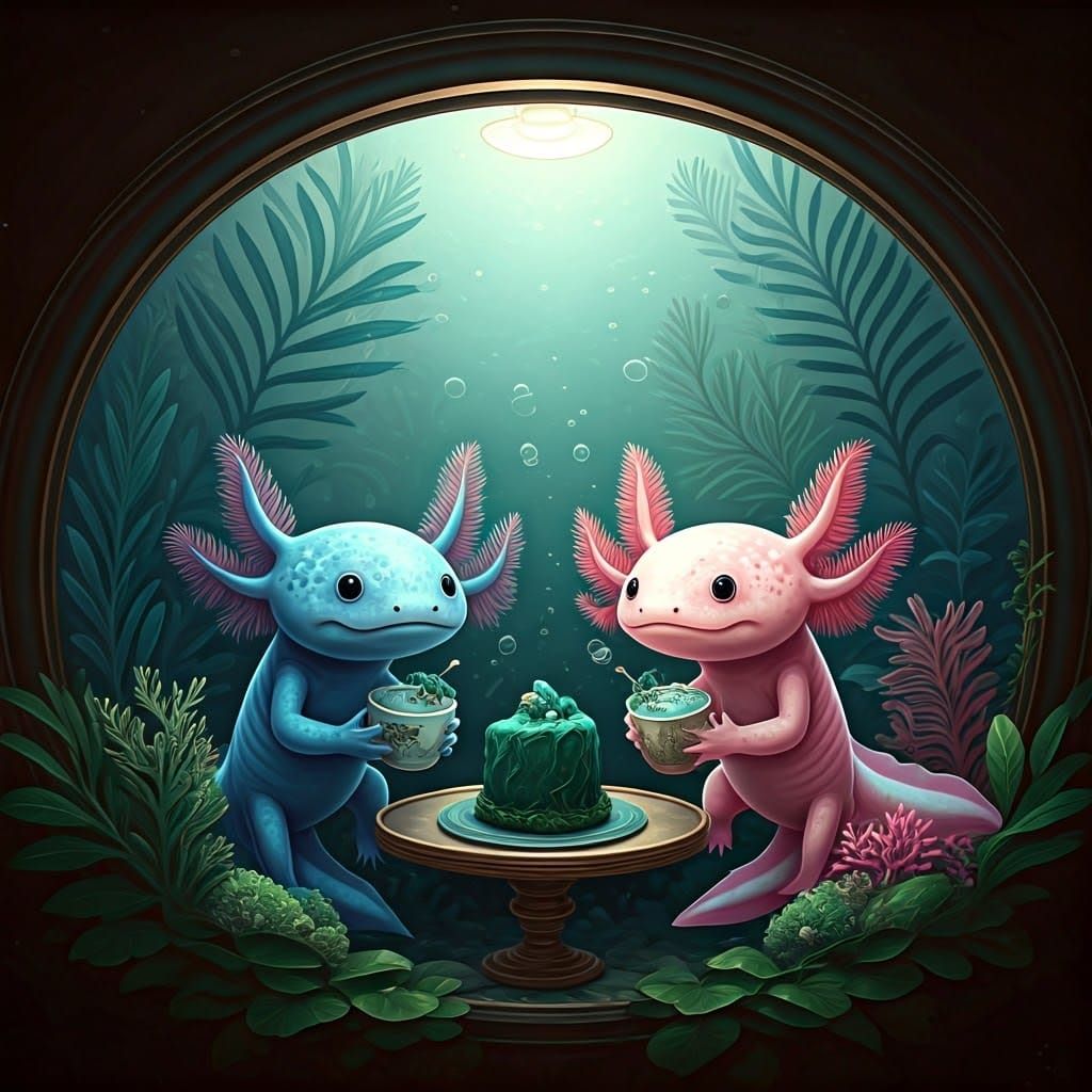 Blue and pink Chibi axolotls eating seaweed cake