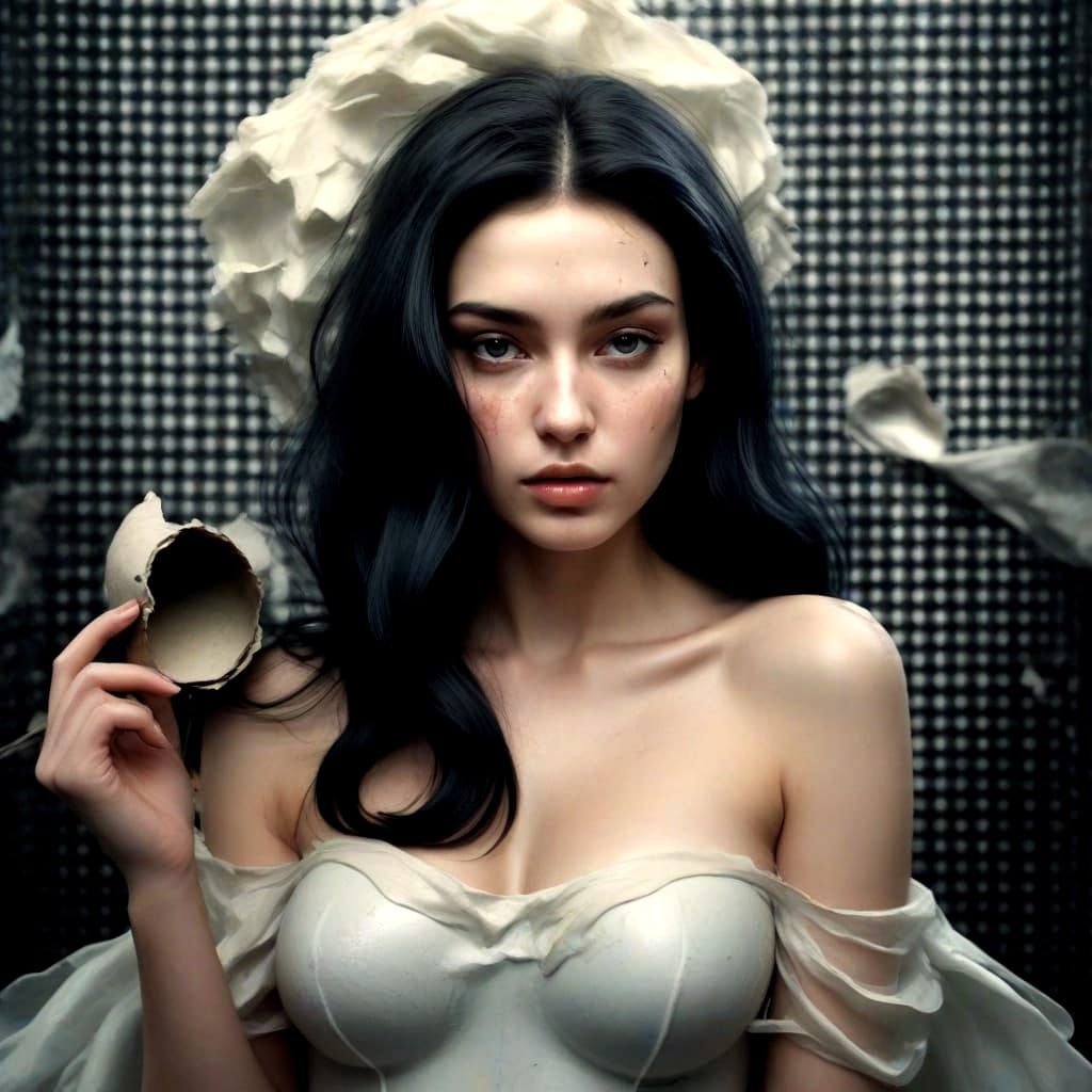 Woman in Distorted, Automata-Inspired Eggshell Mas... - AI Art