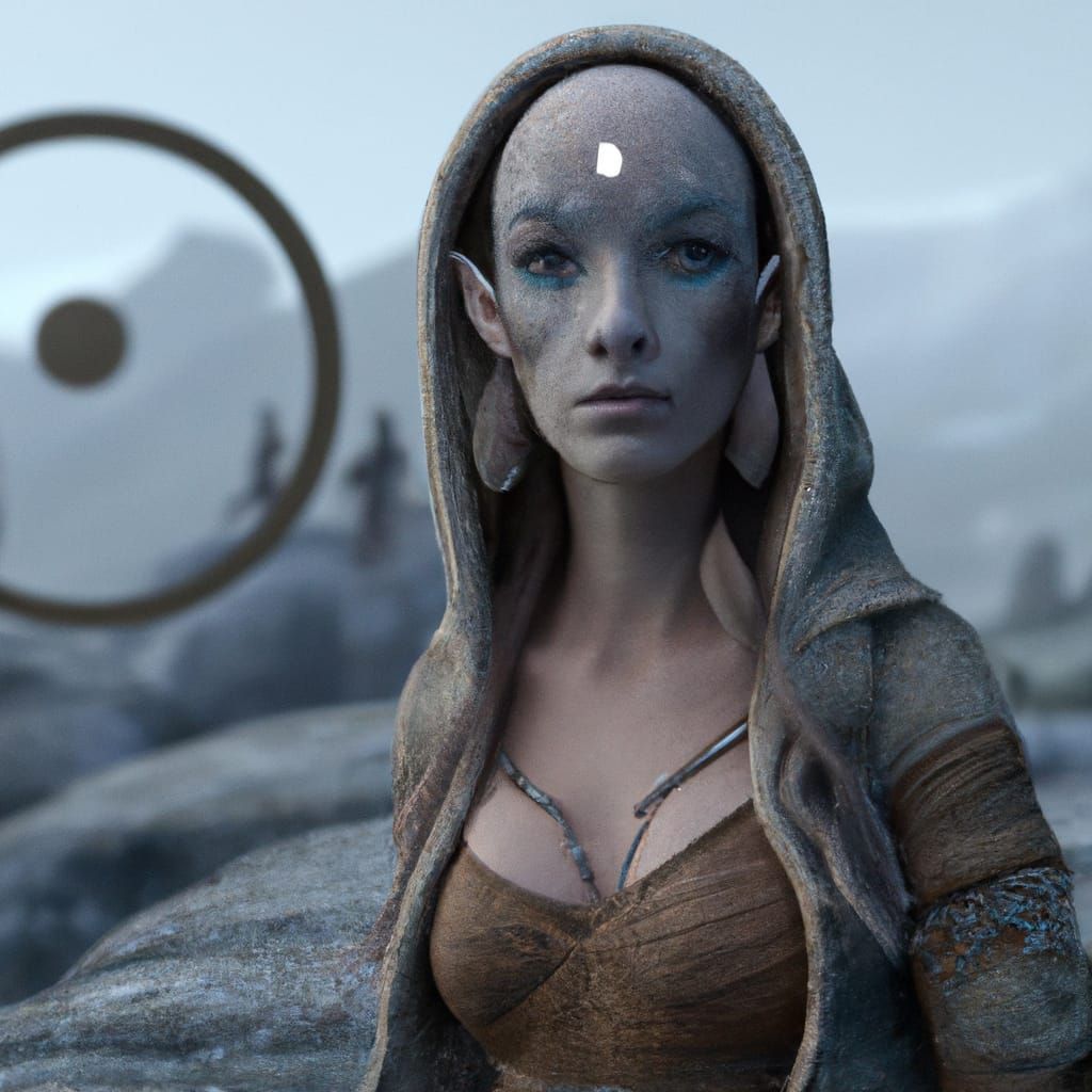 Young Cute Female Moon-Elf Warlock full-body and face, windswept ancient circle of stones ...