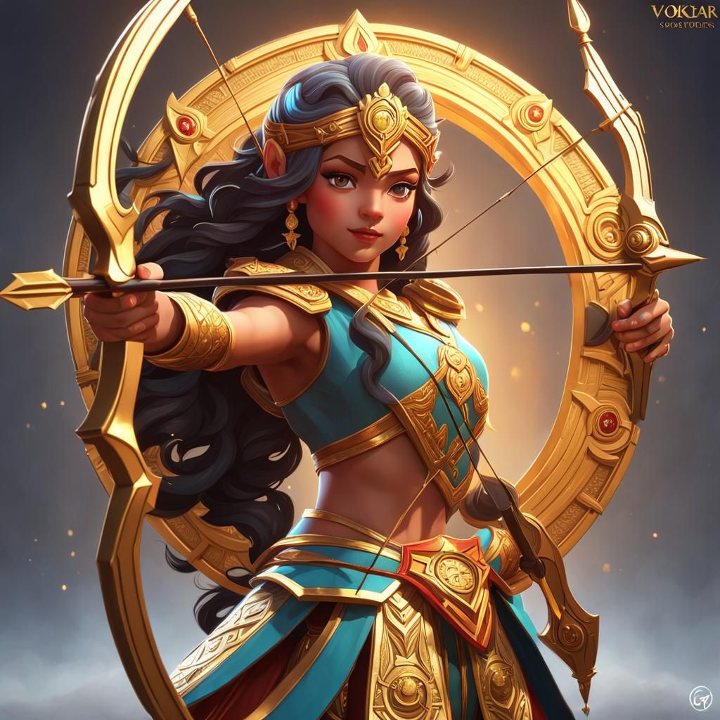 cute chibi Goddess Durga shooting golden bow and arrow at egoic ...