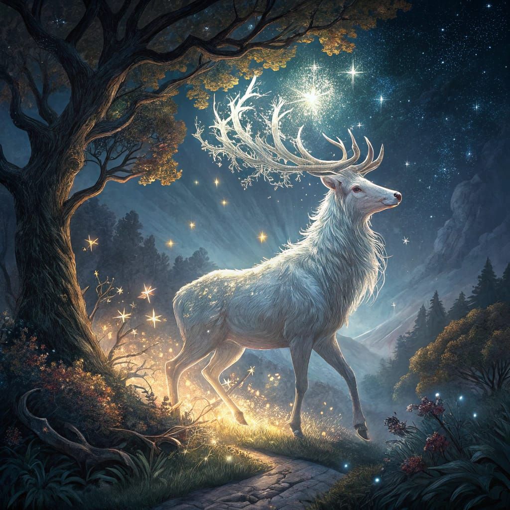 Stud - Magical Nighttime Stag in Enchanted Forest