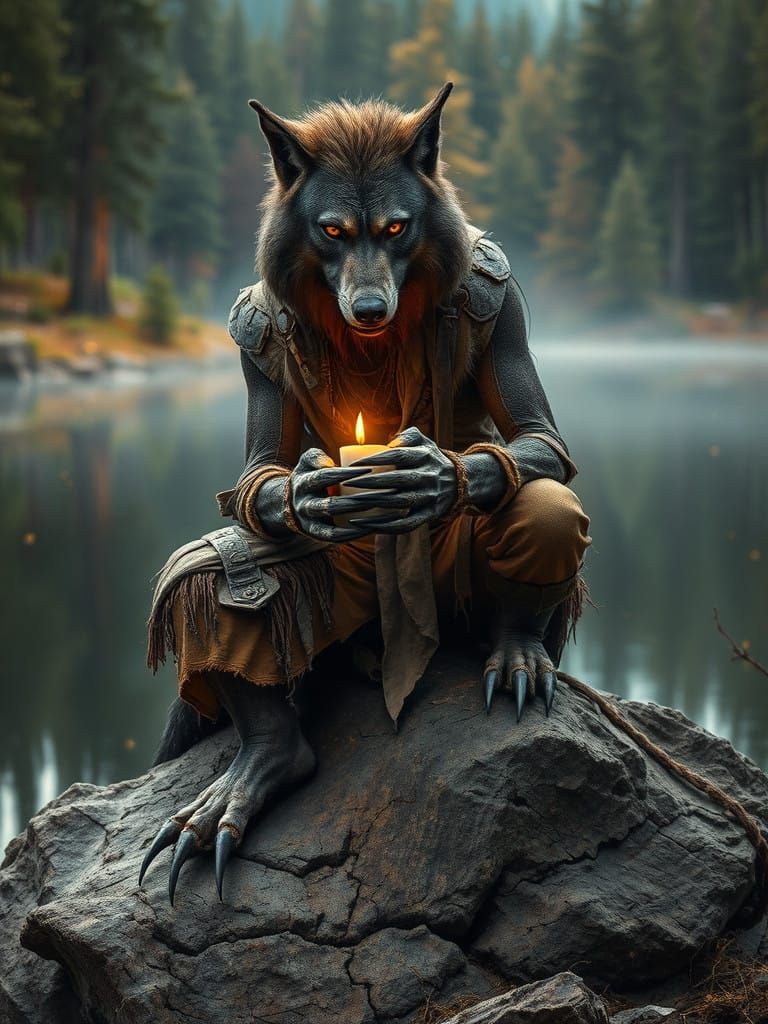 Werewolf Sitting - Mystical Werewolf in Twilight Reflection