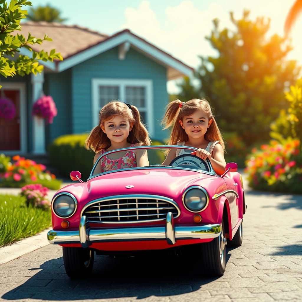 Two young girls riding their Barbie car down the driveway at the ...
