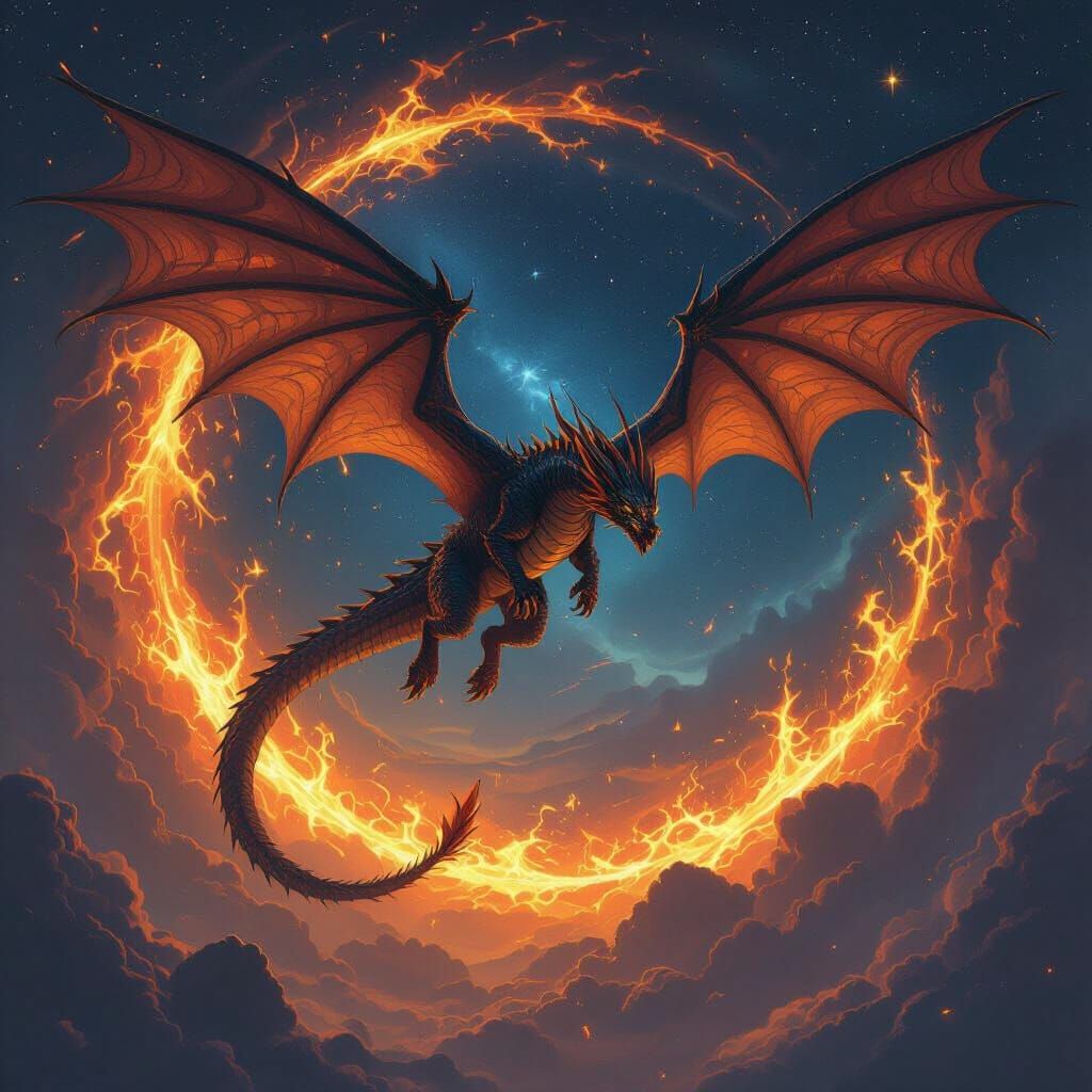 Ominous Fire Dragon Soaring Through Starry Night - AI Art