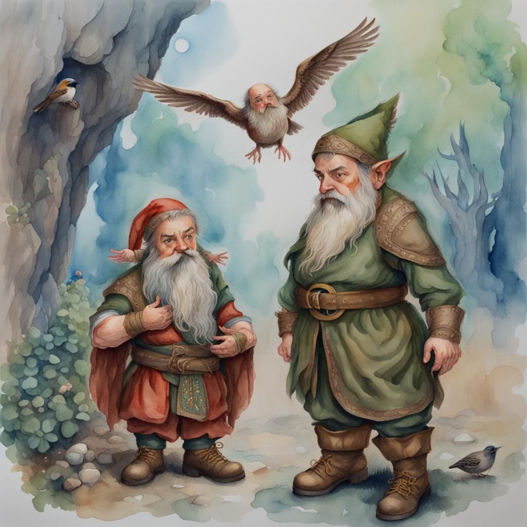 dwarf with crossed hands on path and elf near dwarf and bird flying ...
