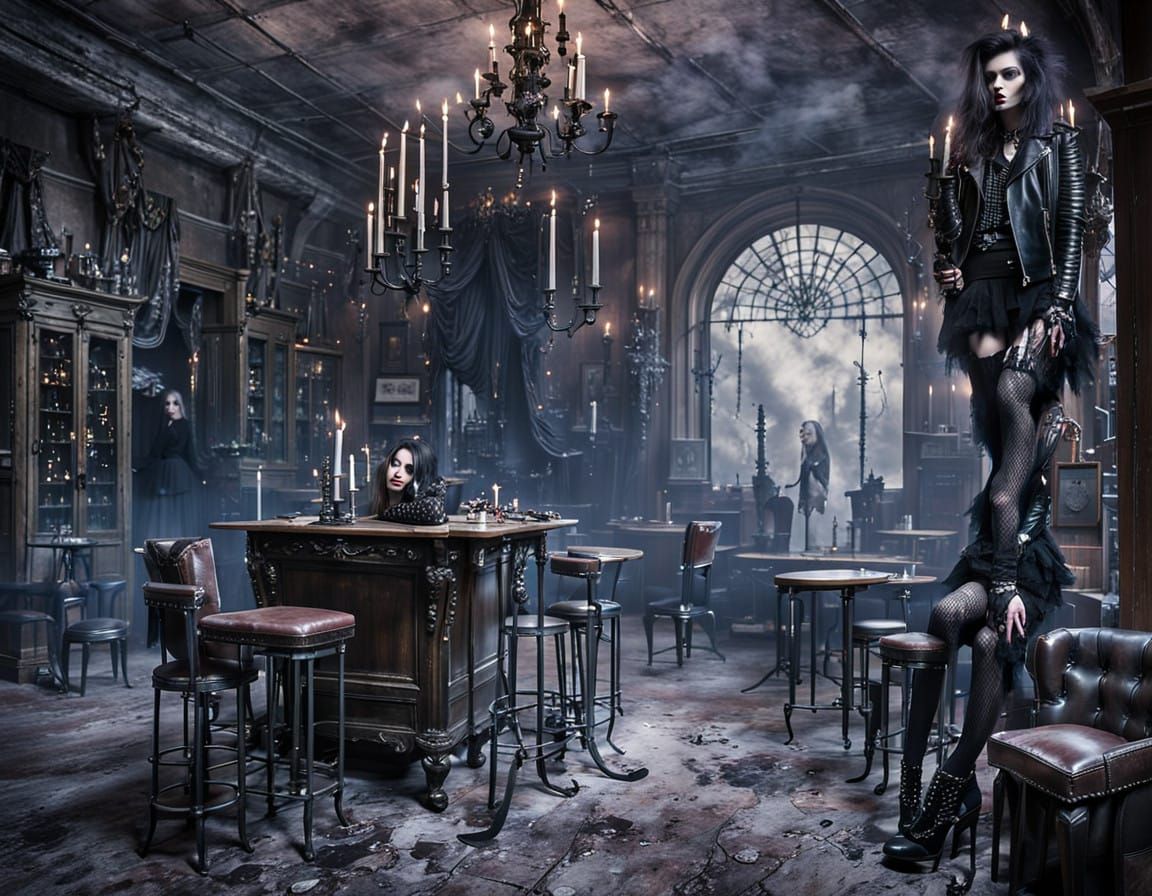 Gothic Fashion Model in a Smoky Coffee Shop, with ... - AI Art